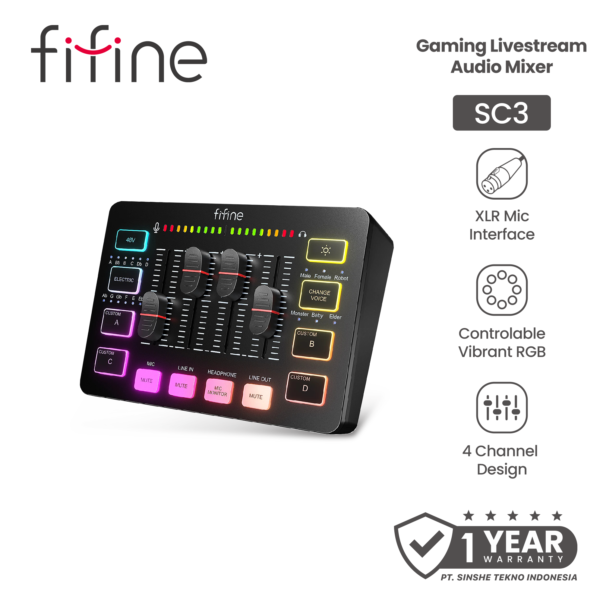 Fifine Ampligame SC3 Audio Mixer Sound Card RGB for Gaming Recording ...